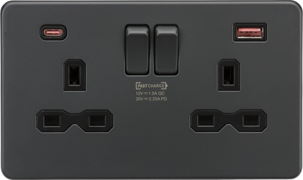 Knightsbridge Screwless Anthracite 13A 2 Gang DP Switched Socket with ...