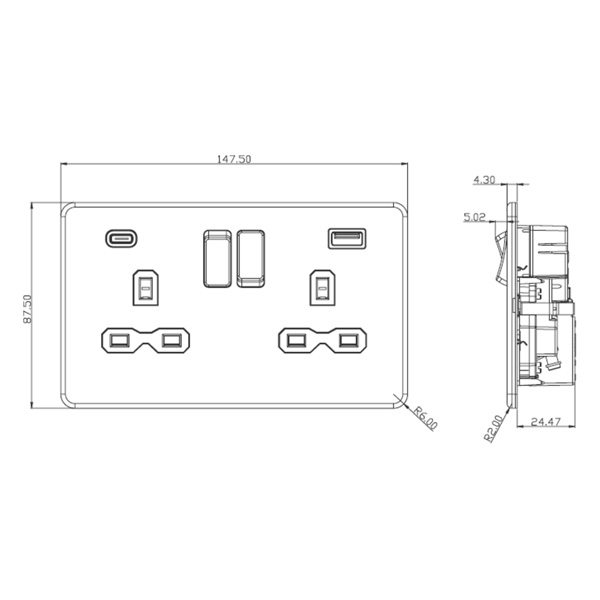 Knightsbridge 13A 2 Gang DP Socket, Dual USB A+C (SFR9945MBB) | UKES