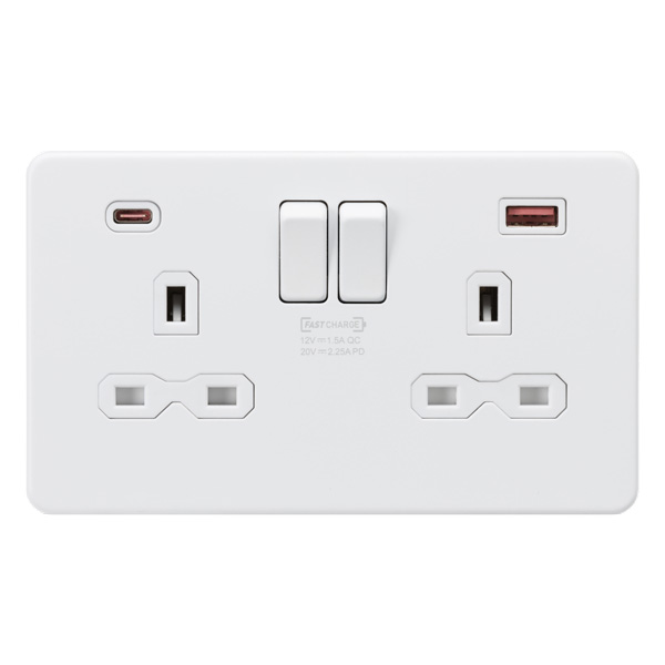 Knightsbridge 13A 2 Gang DP Socket, Dual USB A+C (SFR9945MW) | UKES