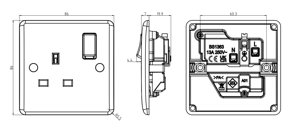 Knightsbridge Curved Edge Anthracite 13A 1 Gang DP Switched Socket with ...