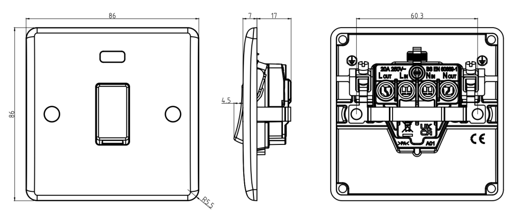 Knightsbridge Curved Edge Anthracite 20A Double Pole Switch with White ...