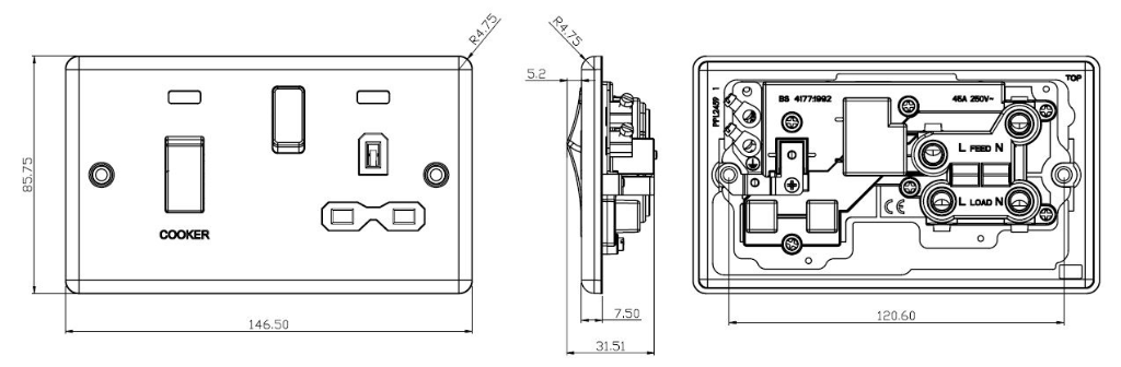 Knightsbridge Rounded Edge Matt Black Cooker Switch and 13A Switched ...