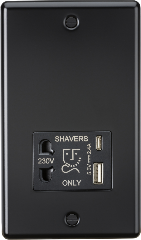Knightsbridge Rounded Edge Matt Black 230V Shaver Socket with Dual USB ...