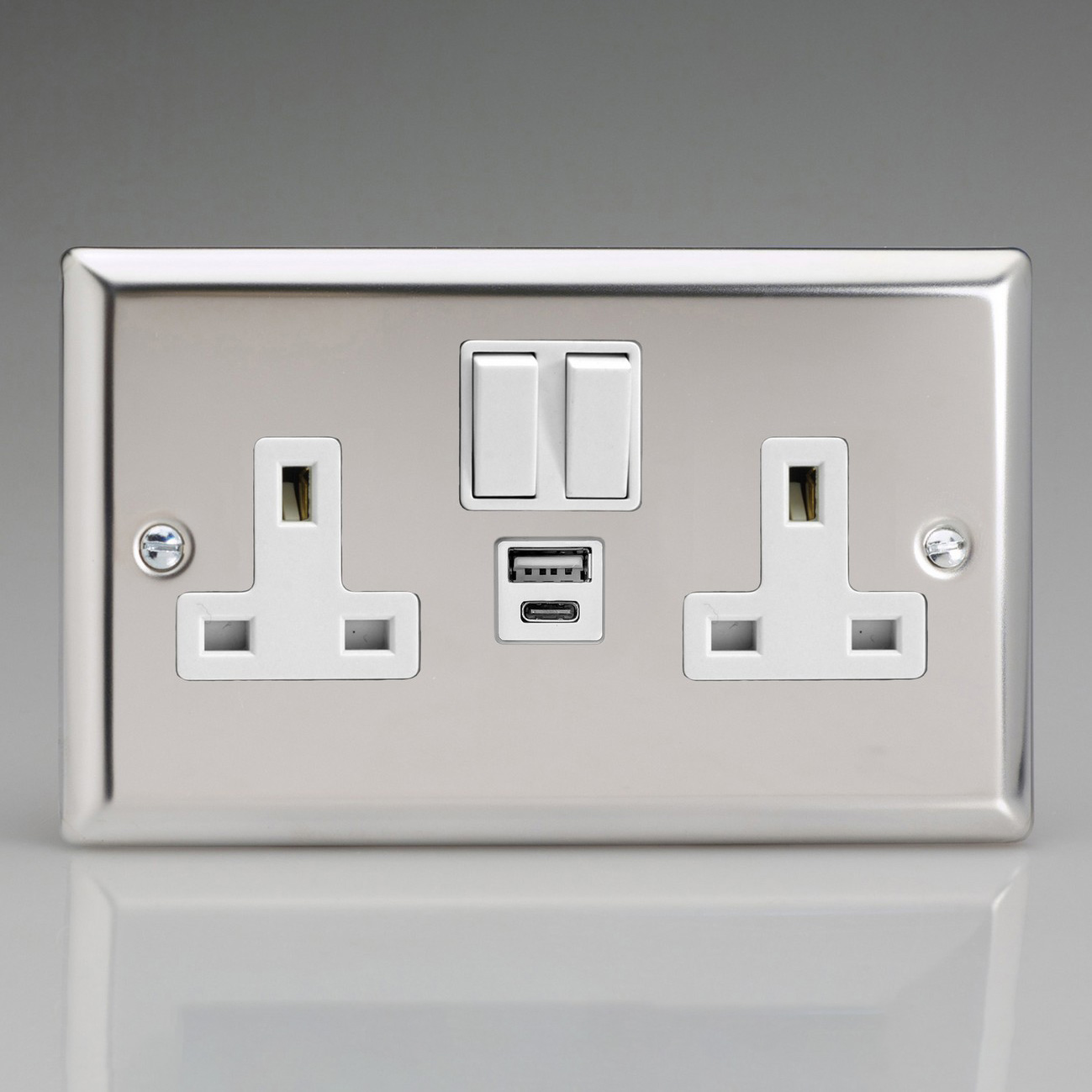 Varilight Classic Mirror Chrome 2 Gang 13A Switched Socket with 1x USB ...