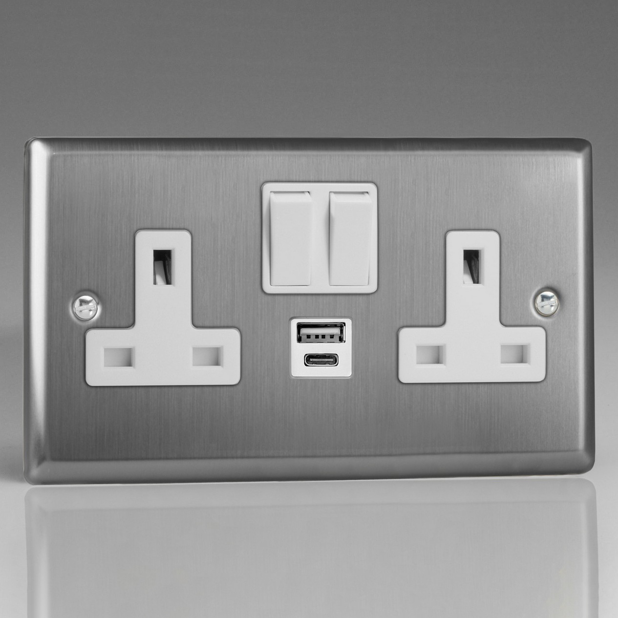 Varilight Classic Brushed Steel 2 Gang 13A Switched Socket with 1x USB ...