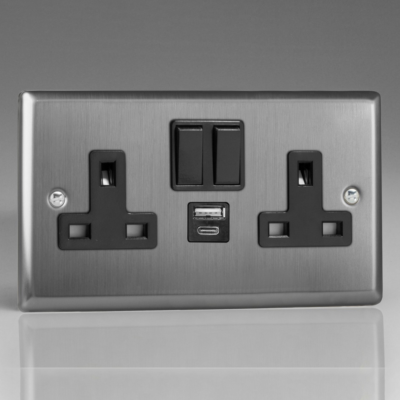 Varilight Classic Brushed Steel 2 Gang 13A Switched Socket with 1x USB ...