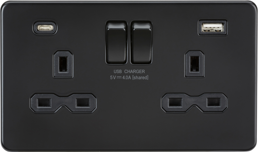 Knightsbridge Screwless Matt Black 13A 2 Gang SP Switched Socket with ...