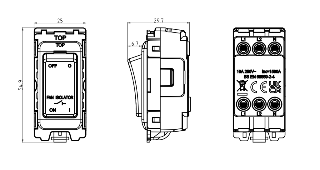 Knightsbridge Curved Edge Grid 10A Fan Isolator Switch Module | UKES