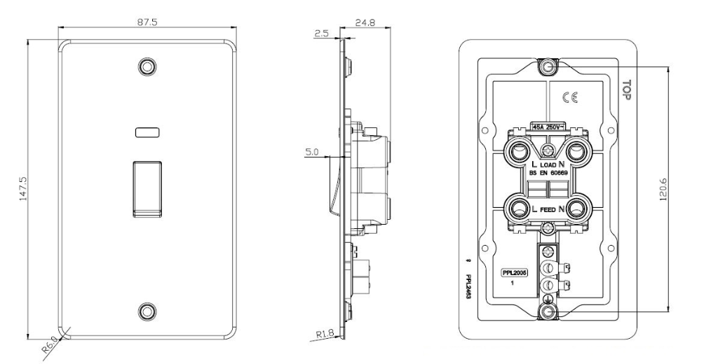 Knightsbridge Flat Plate Pearl 45A Double Pole Cooker Switch with Neon ...
