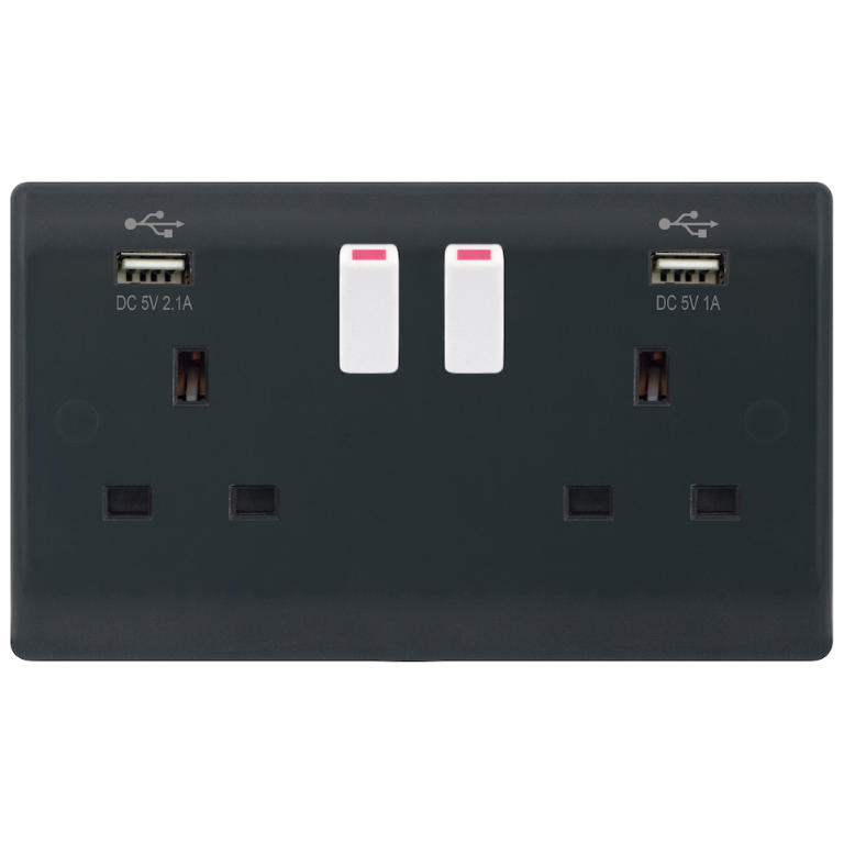 Selectric Smooth Grey 2 Gang 13A Switched Socket with White Rockers and ...