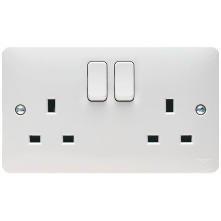 Hager Sollysta White Moulded Socket, 2 Gang DP Switched Dual Earth | UKES