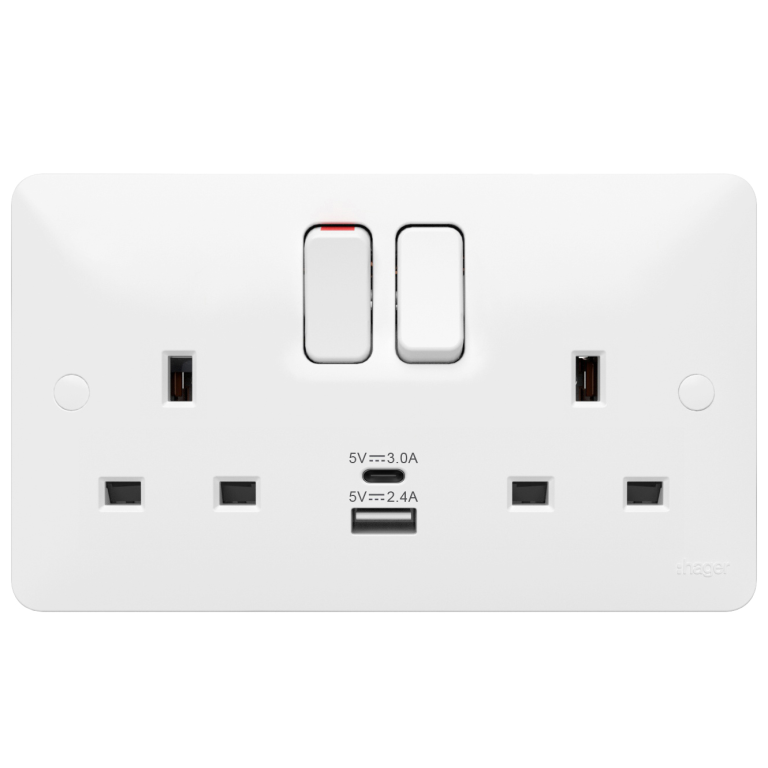 Hager Sollysta White Moulded Socket, 2 Gang DP Switched, c/w USB A+C ...