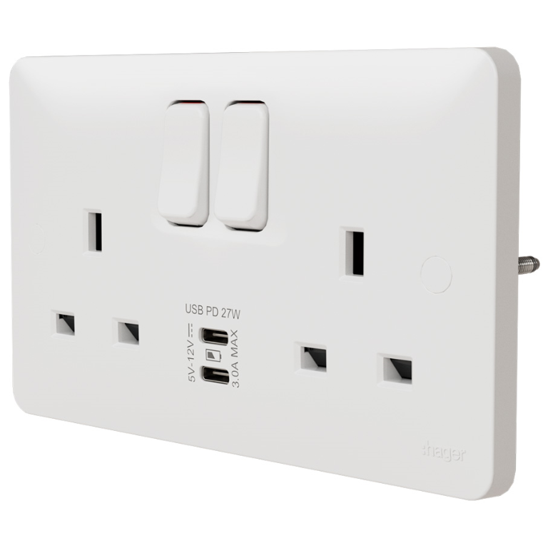 Hager Sollysta White Moulded Socket, 2 Gang DP Switched, c/w USB C+C ...