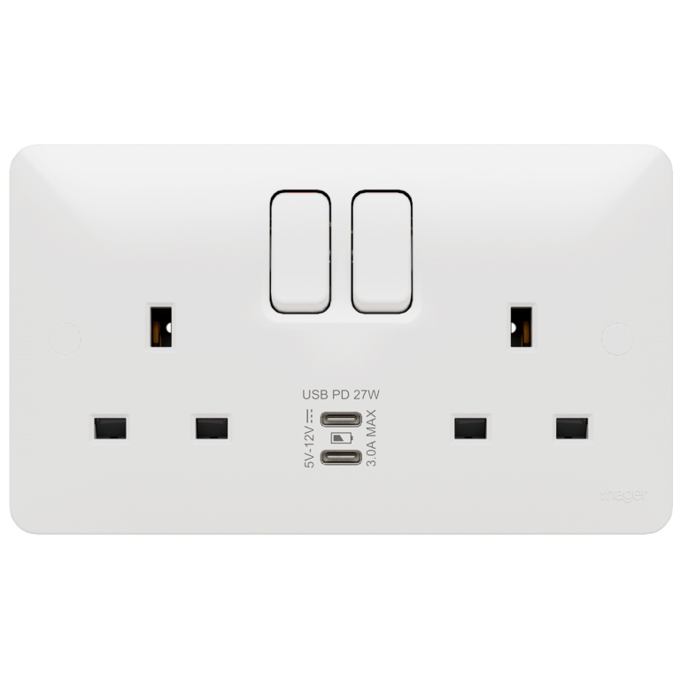 Hager Sollysta White Moulded Socket, 2 Gang DP Switched, c/w USB C+C ...