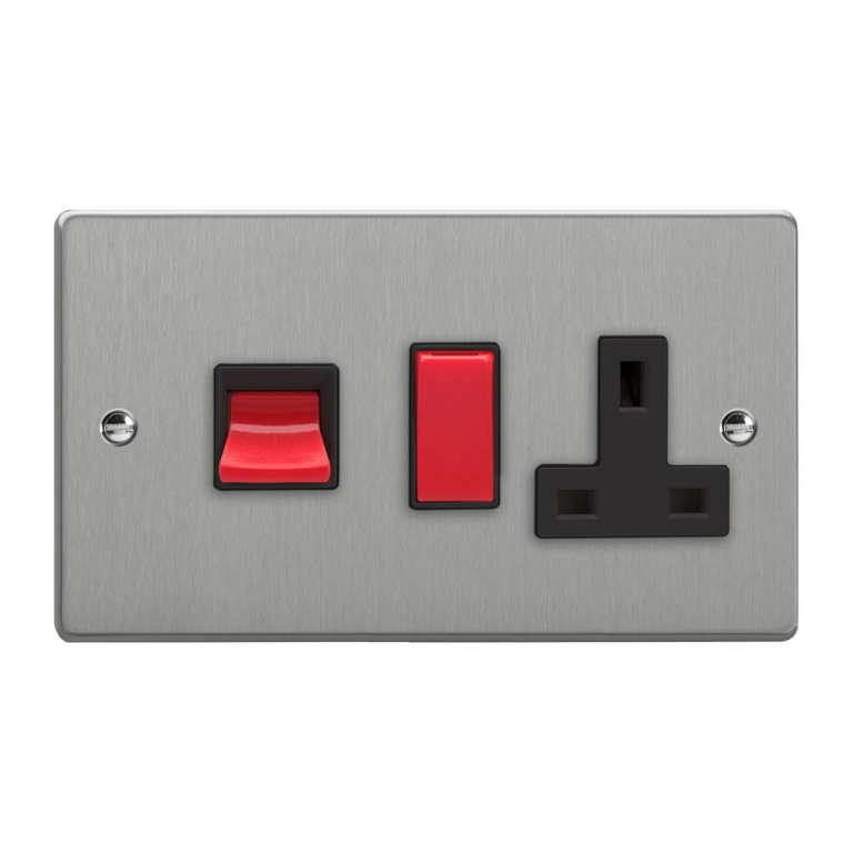 Varilight Essential Brushed Steel 45A Red Cooker Switch with 13A Double ...