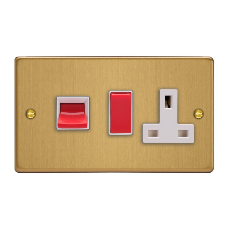 Varilight Essential Brushed Brass 45A Red Cooker Switch with 13A Double ...