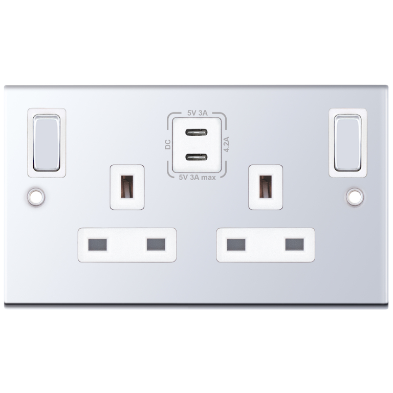 Selectric 5M Polished Chrome 2 Gang 13A Switched Socket with 2xUSB C ...