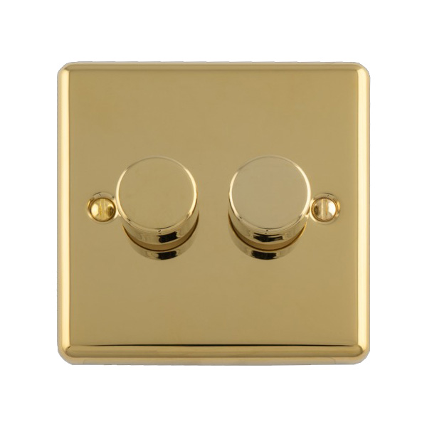 Eurolite Enhance Polished Brass 2 Gang 400W LED Dimmer Switch | UKES