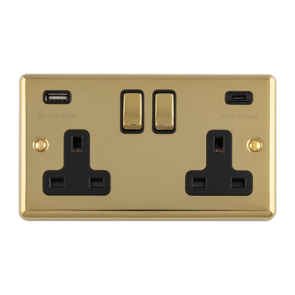 Eurolite Enhance Polished Brass 2 Gang 13A Switched Socket with USB ...