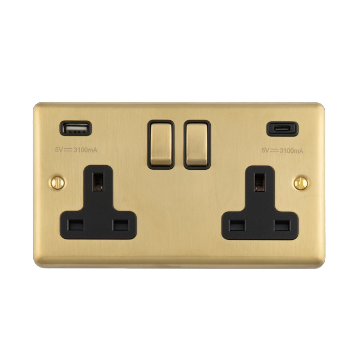 Eurolite Enhance Satin Brass 2 Gang 13A Switched Socket with USB ...