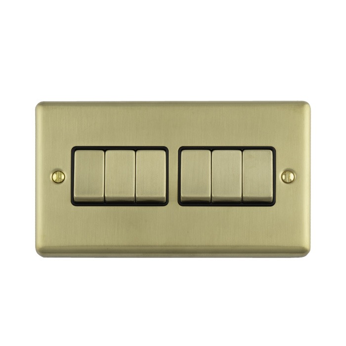 Eurolite Enhance Satin Brass 6 Gang 10A 2 Way Switch with Black Insert ...