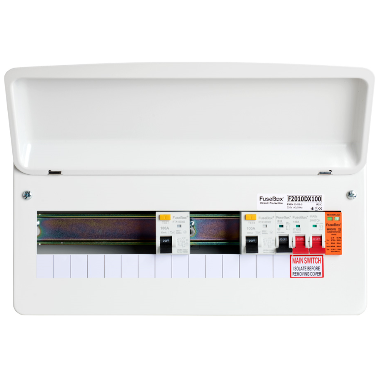 FuseBox 10 Way Consumer Unit - Dual RCD (100A 30mA Type A), T2 Surge ...