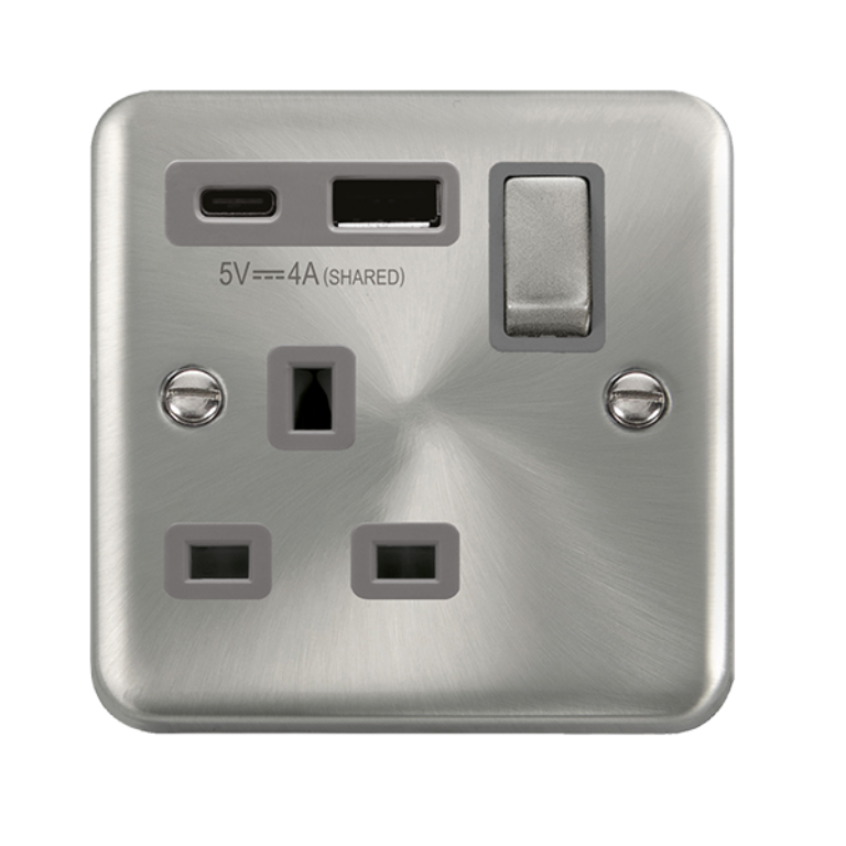Click Deco Plus Satin Chrome 1 Gang 13A Ingot Switched Socket and Type ...
