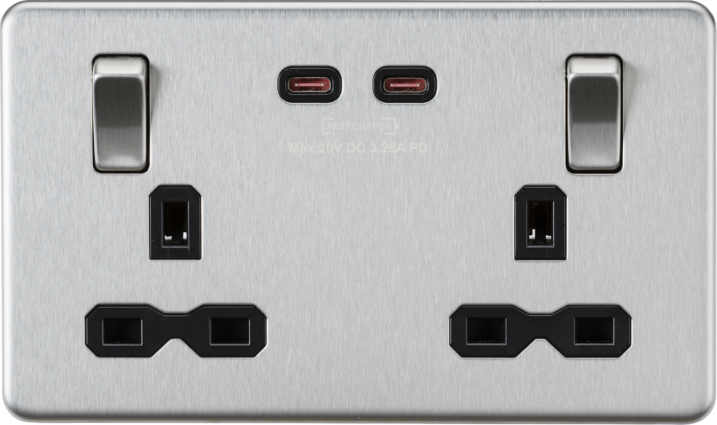 Knightsbridge Screwless Brushed Chrome 13A 2 Gang Double Pole Switched ...