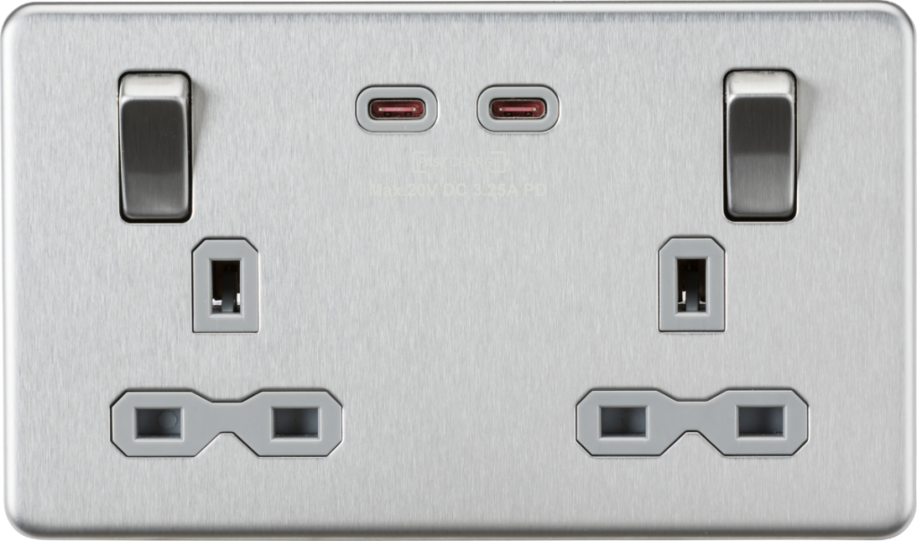 Knightsbridge Screwless Brushed Chrome 13A 2 Gang Double Pole Switched ...