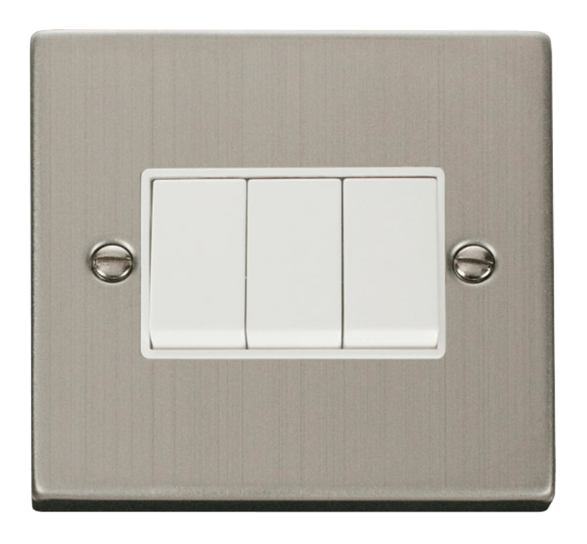Click Deco Victorian Stainless Steel 3 Gang 2 Way 10AX Switch with White Rockers and White ...
