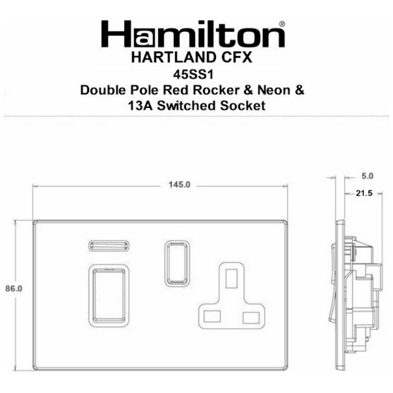 Hamilton Hartland CFX Primed White 45A Double Pole Switch with Red Rocker and Neon plus 13A ...