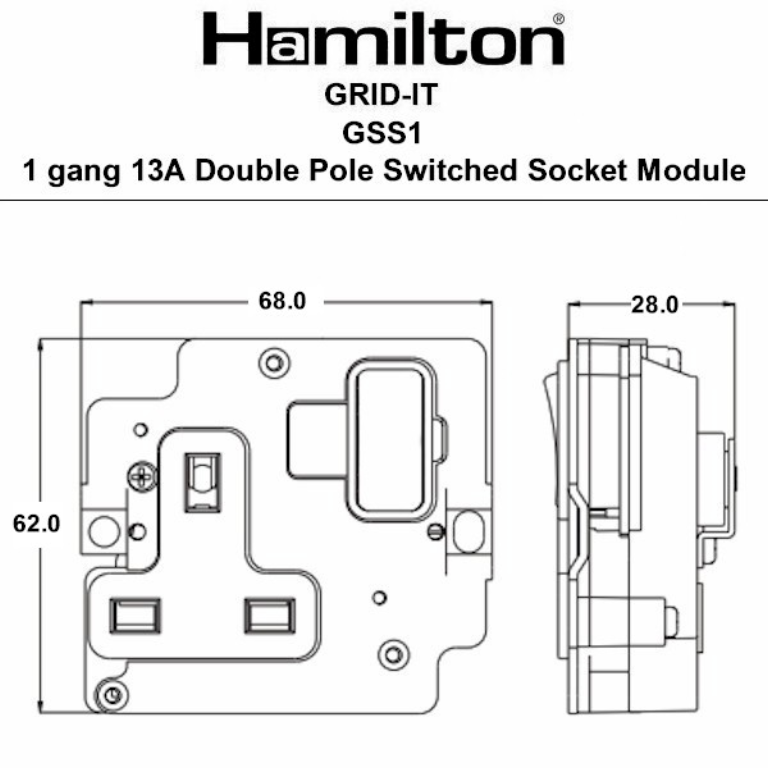 Hamilton GRID-IT 13A Double Pole Switched Socket Module with Black ...