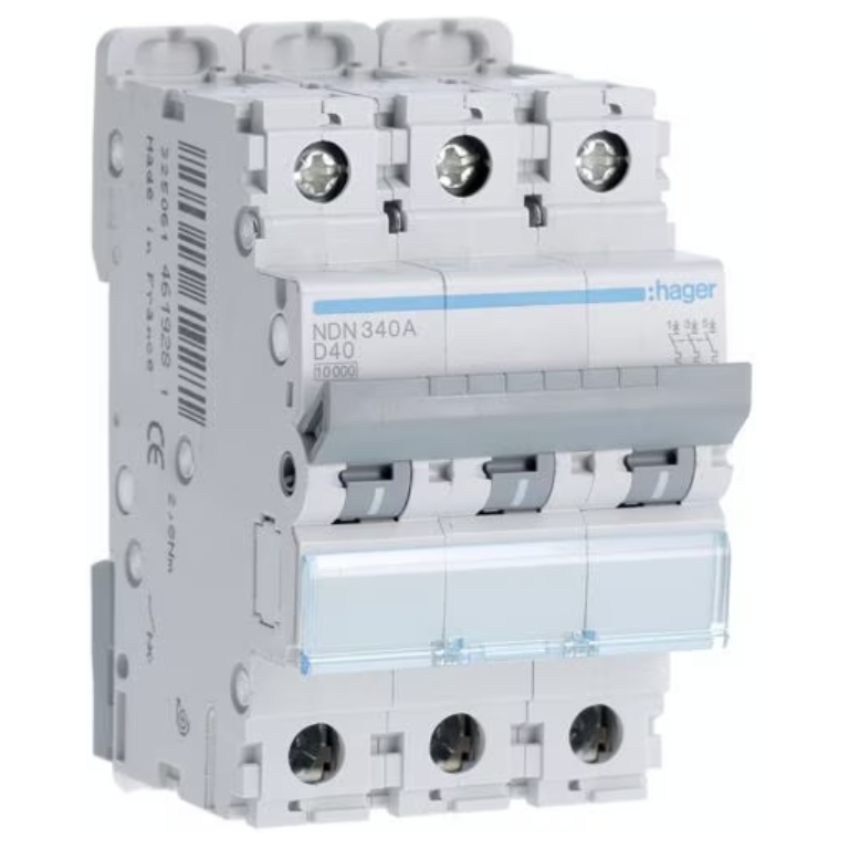 Hager NDN340A 40amp Type D 10kA Triple Pole MCB | UKES