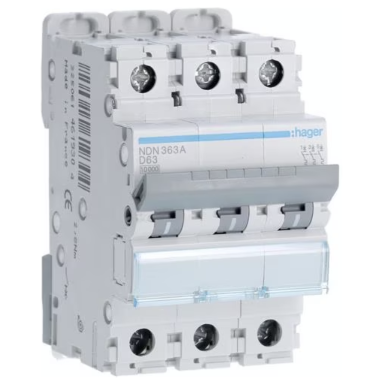 Hager NDN363A 63amp Type D 10kA Triple Pole MCB | UKES