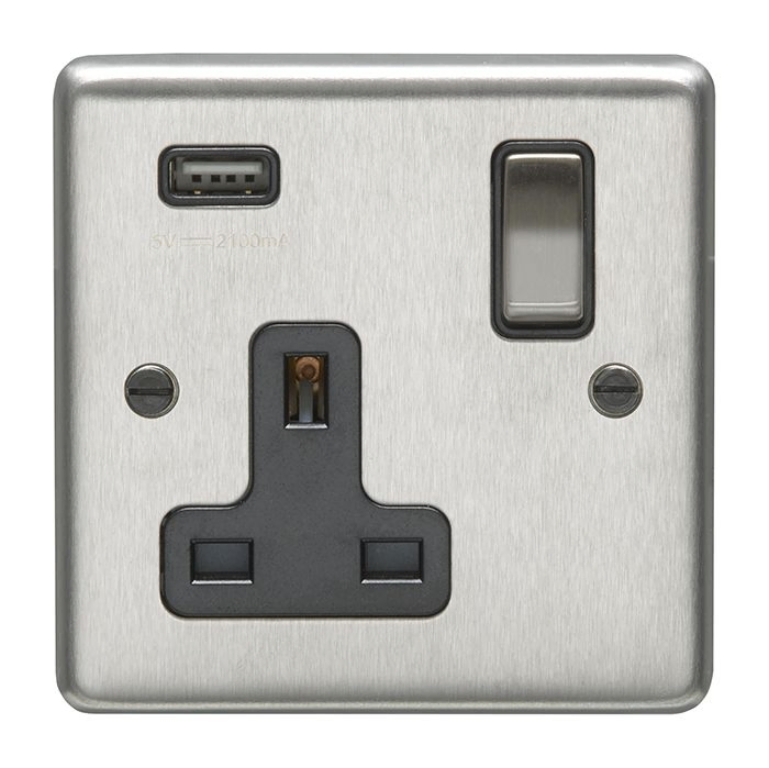 Eurolite Satin Stainless Steel 1 Gang 13A Switched Socket with USB ...