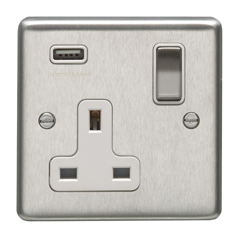 Eurolite Satin Stainless Steel 1 Gang 13A Switched Socket with USB ...
