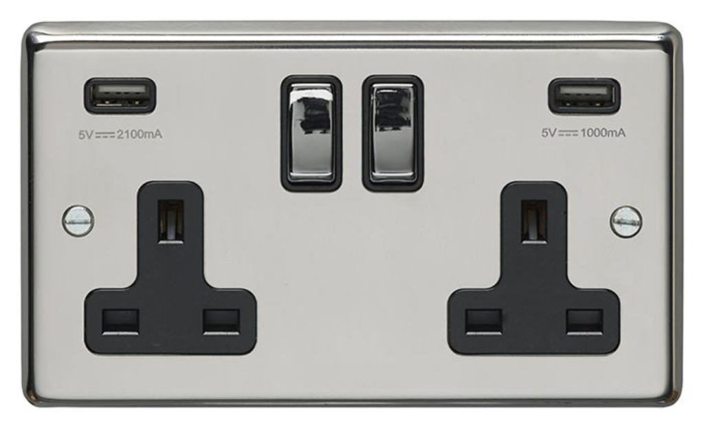Eurolite Polished Stainless Steel 2 Gang 13A Switched Socket with USB ...