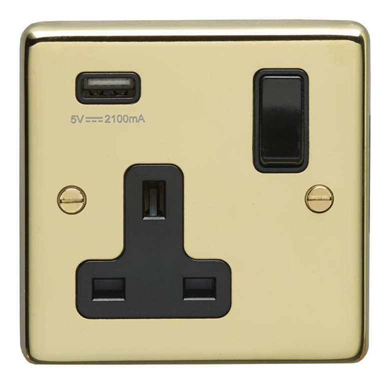 Eurolite Stainless Steel Polished Brass 1 Gang 13A Switched Socket with ...