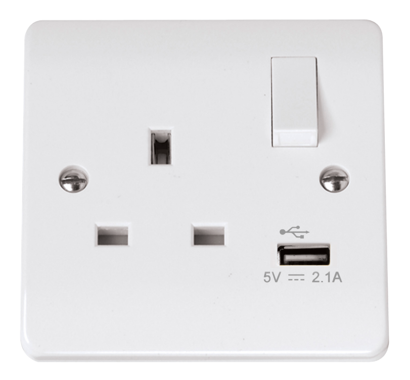 Click Curva 13A 1 Gang Switched Socket with USB Outlet | UKES