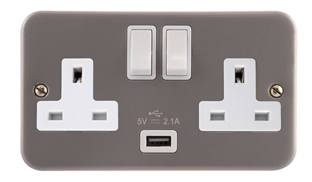 Click Metal Clad 13A 2 Gang Switched Socket with USB Outlet | UKES
