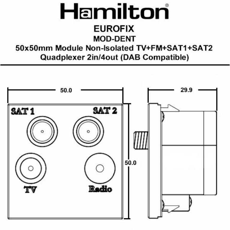 Hamilton EuroFix White 50x50mm Non-Isolated TV+FM+SAT1+SAT2 2 In/4 Out ...