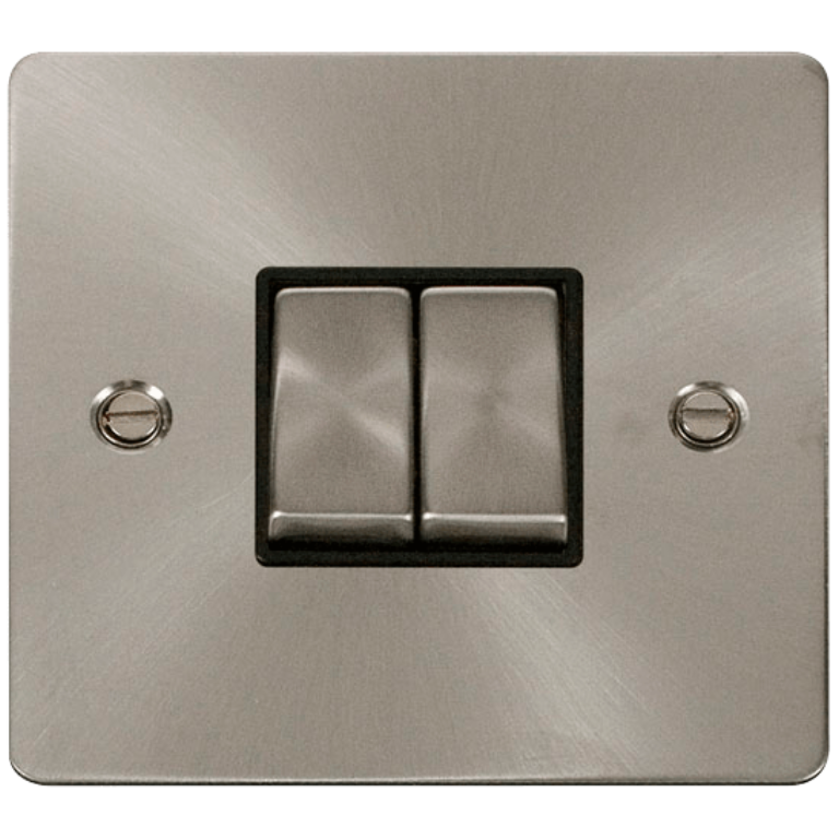 Click Define Brushed Steel Flat Plate Double Light Switch with Black ...
