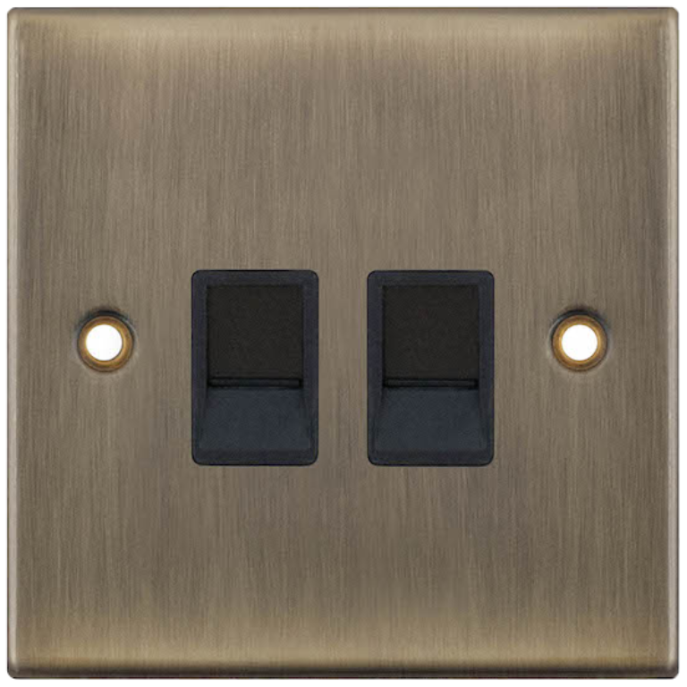 Selectric 5M Antique Brass 2 Gang RJ45 Data Socket with Black Insert | UKES