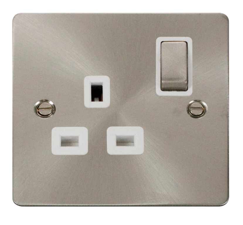 Click Define Brushed Steel Flat Plate Single Switched Socket with White ...