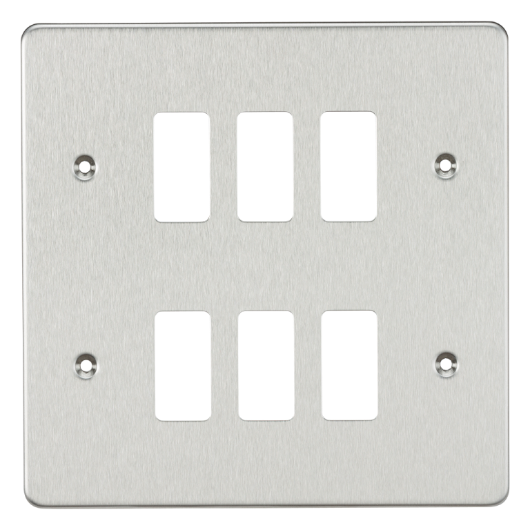 Knightsbridge Flat Plate Brushed Chrome 6 Gang Grid Faceplate | UKES