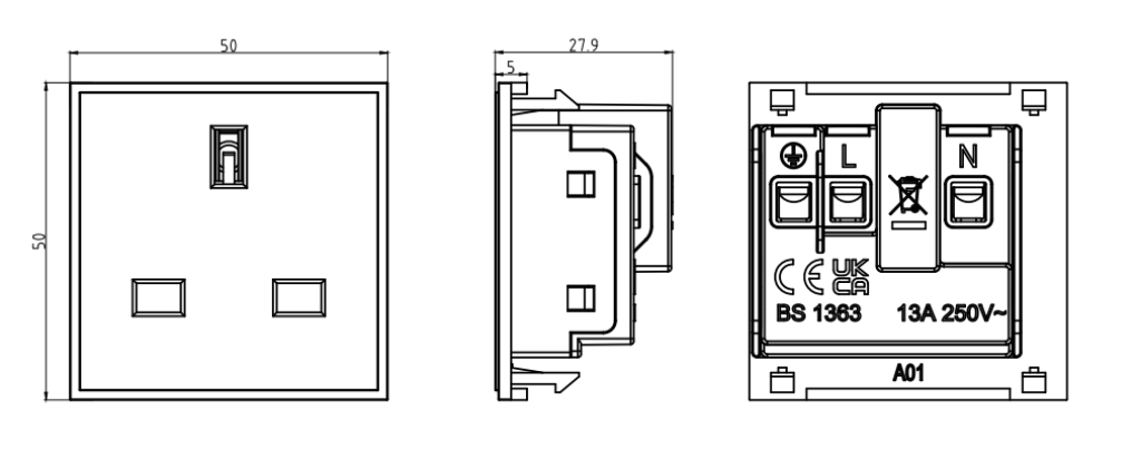 Knightsbridge Black 13A Socket Module - 50x50mm | UKES