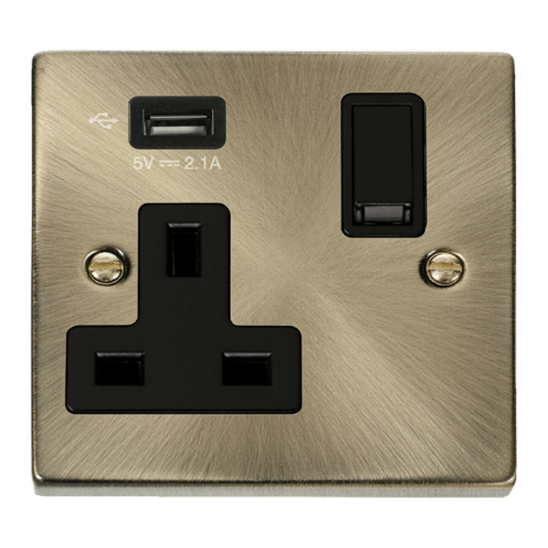 Click Deco Victorian Antique Brass 1 Gang 13A Switched Socket and 2.1A ...