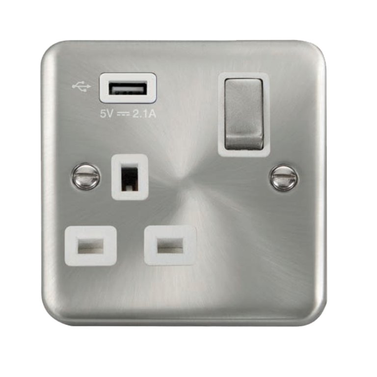 Click Deco Plus Satin Chrome 1 Gang 13A Ingot Switched Socket and 2.1A USB Outlet with Satin ...