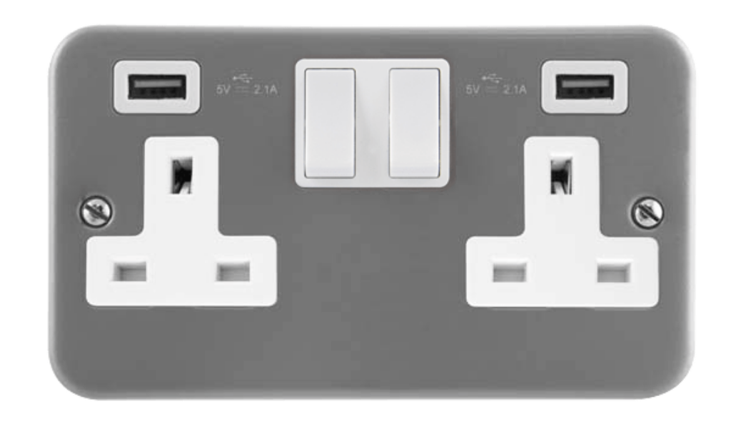 Click Metal Clad 13A 2 Gang Switched Socket with 2x2.1A USB Outlets | UKES