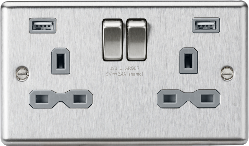 Knightsbridge Rounded Edge Brushed Chrome 13A 2 Gang Switched Socket ...